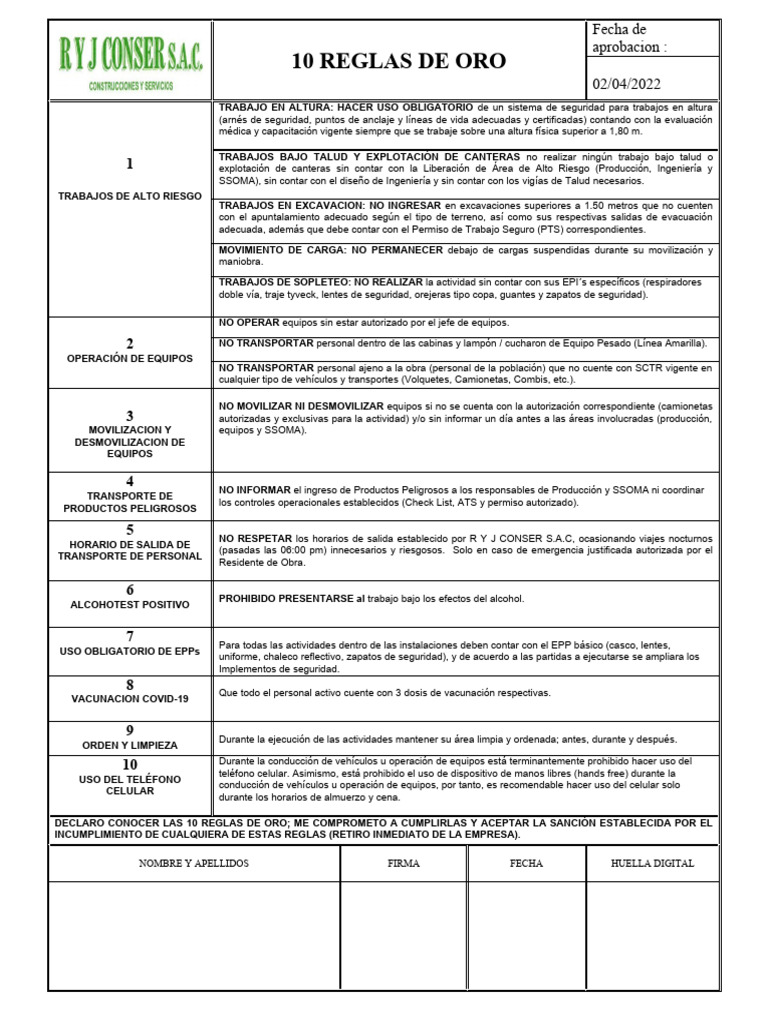 10 Reglas de Oro para Seguridad Laboral | PDF