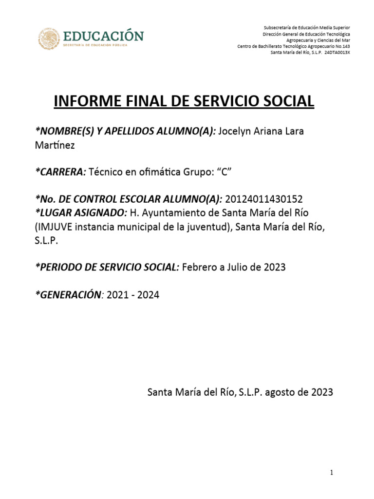 Informe Final de Servicio Social CBTA 143 | PDF | Educación Secundaria
