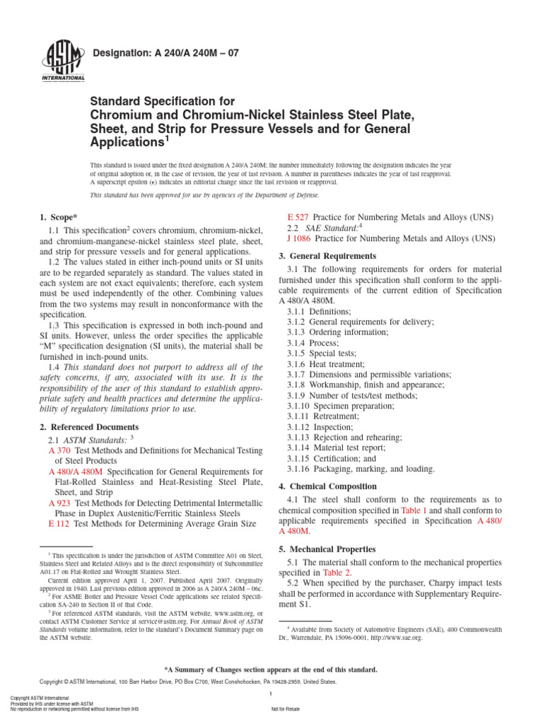 Astm A240 A240m 07 | Download Free PDF | Stainless Steel | Steel