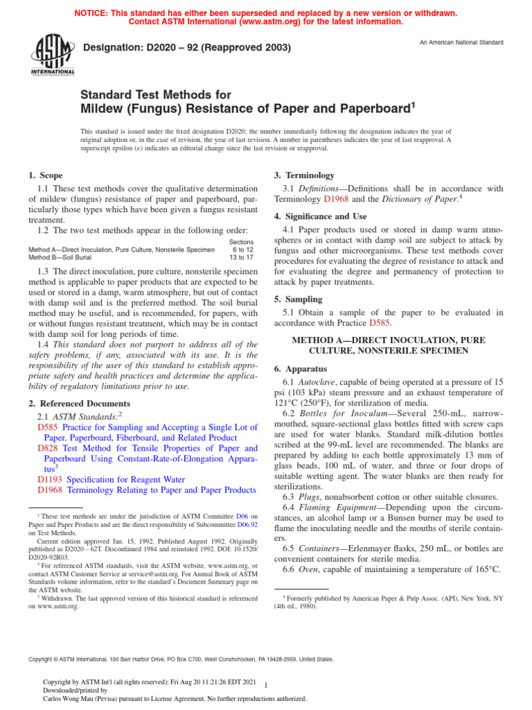 Astm D2020-92 (2003) | PDF | Agar | Sterilization (Microbiology)