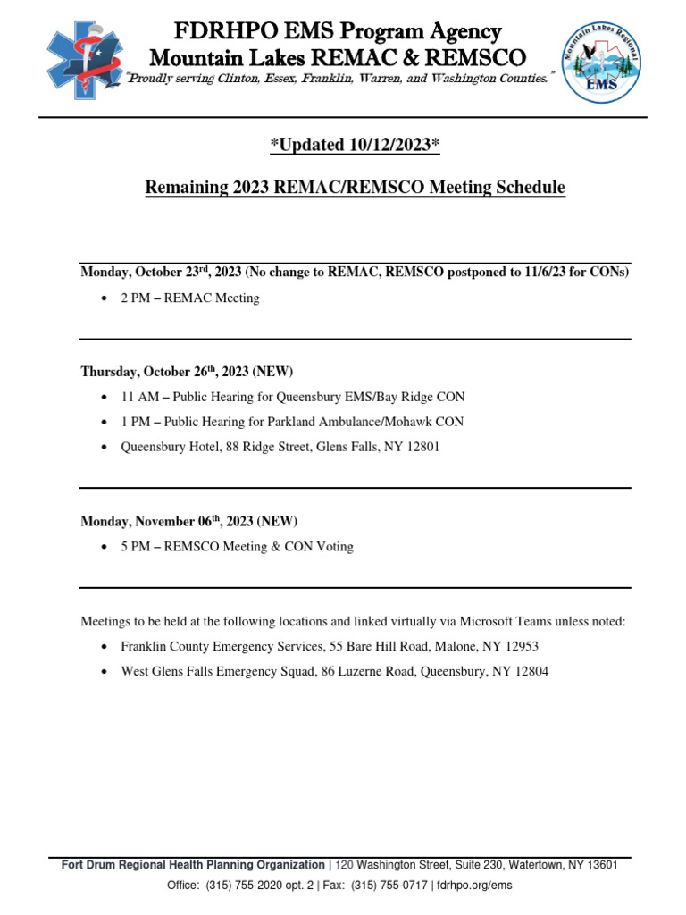 Update 2 2023 Mountain Lakes REMAC REMSCO Meeting Schedule | PDF