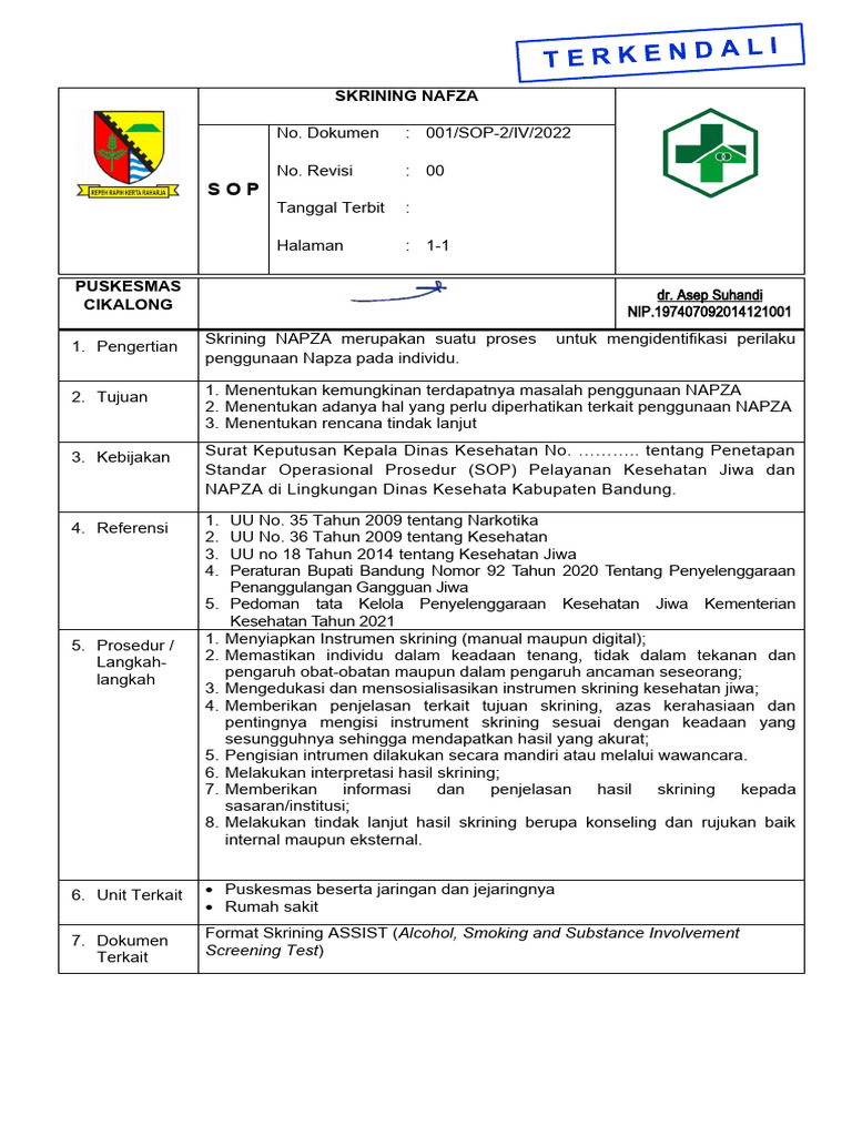 SOP Skrining NAPZA Puskesmas | PDF | Pengembangan Diri