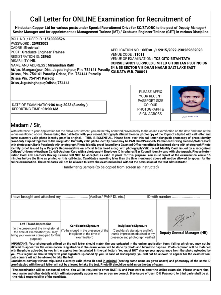 Call Letter For ONLINE Examination For Recruitment Of: Madam / Sir ...