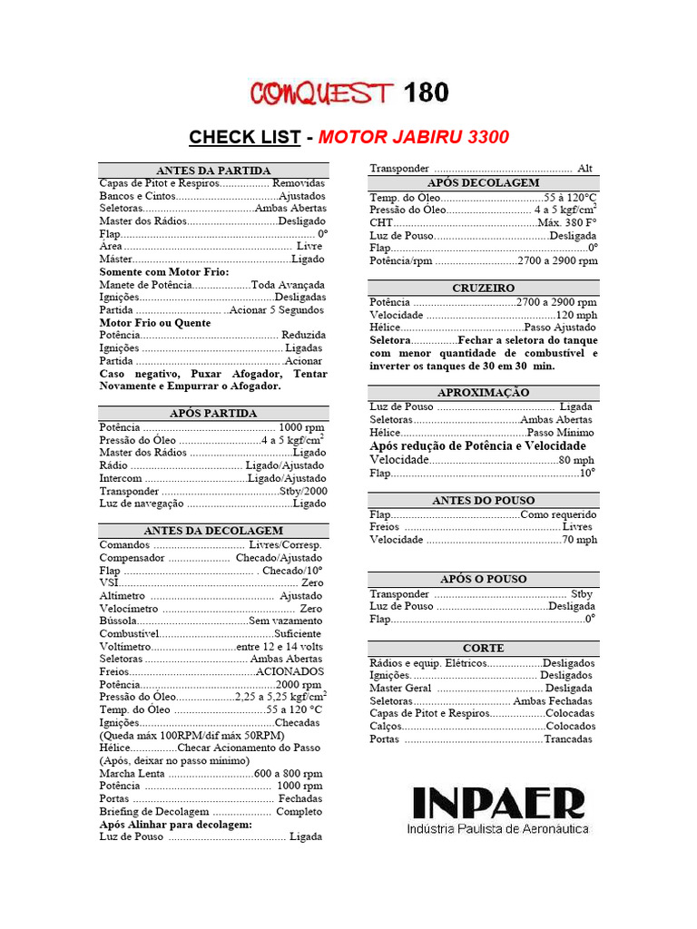 Check List - Motor Jabiru 180 | PDF | Motores | Flap (Aeronáutica)