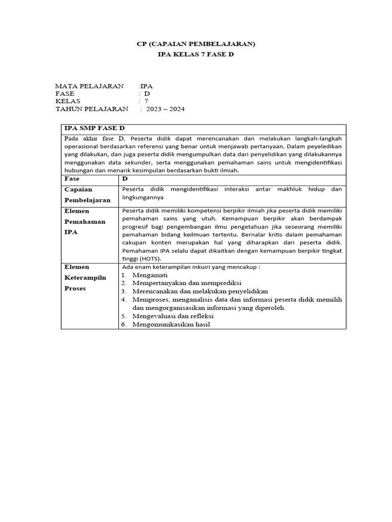 CP Dan Atp Ipa Kelas 7 | PDF