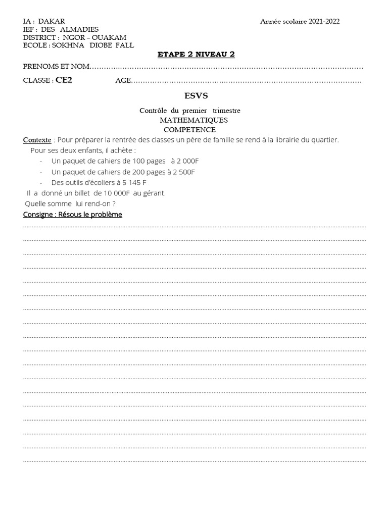 Contrôle Math CE2 - Premier Trimestre | PDF
