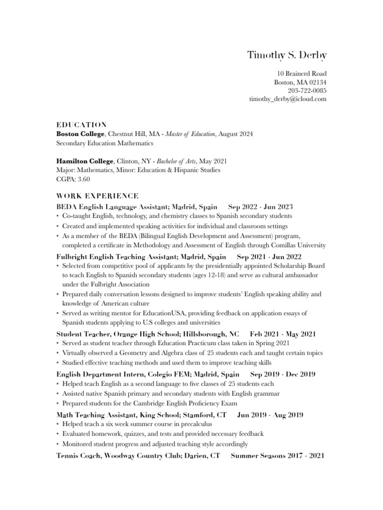 Timothy Derby: Education & Teaching Resume | PDF