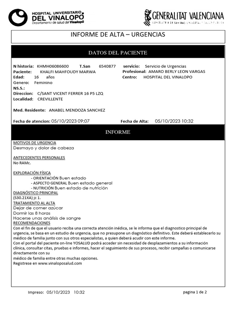 Informe de Alta | PDF