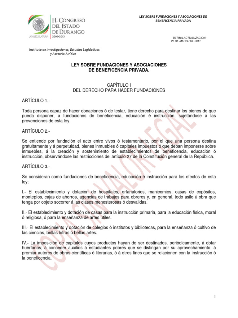 138.ley Sobre Fundaciones y Asociaciones de Beneficencia Privada | PDF | Fundación (sin fines de ...