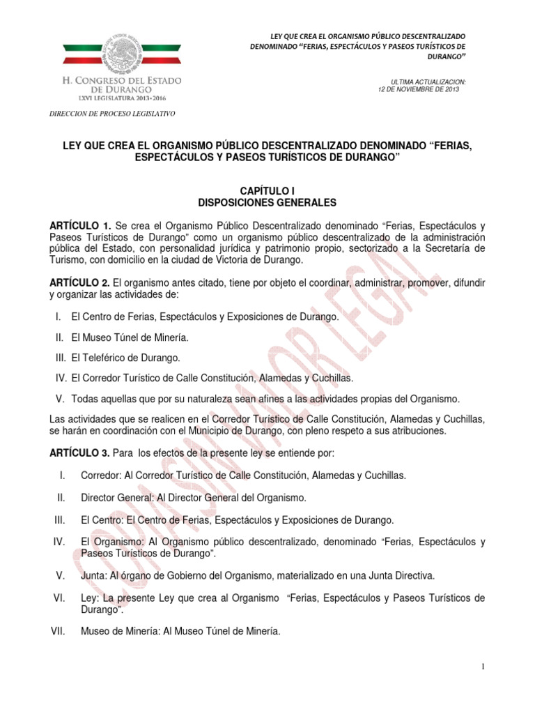 130.ley Que Crea El Organismo Publico Descentralizado Denominado Ferias ...