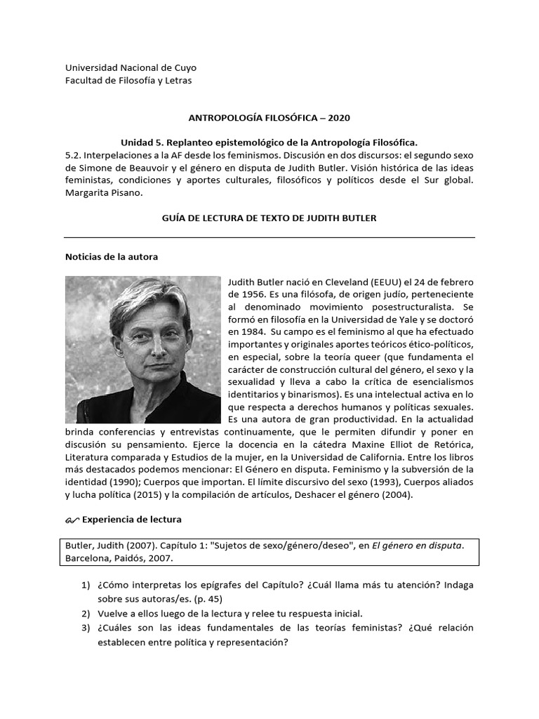 Judith Butler - Guía de Lectura M R | PDF | Género | Estudios de género