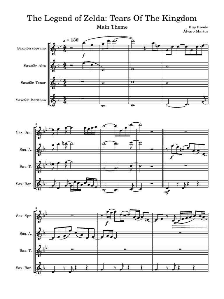 The Legend of Zelda Tears of The Kingdom Main Theme - Sax Quartet | PDF ...