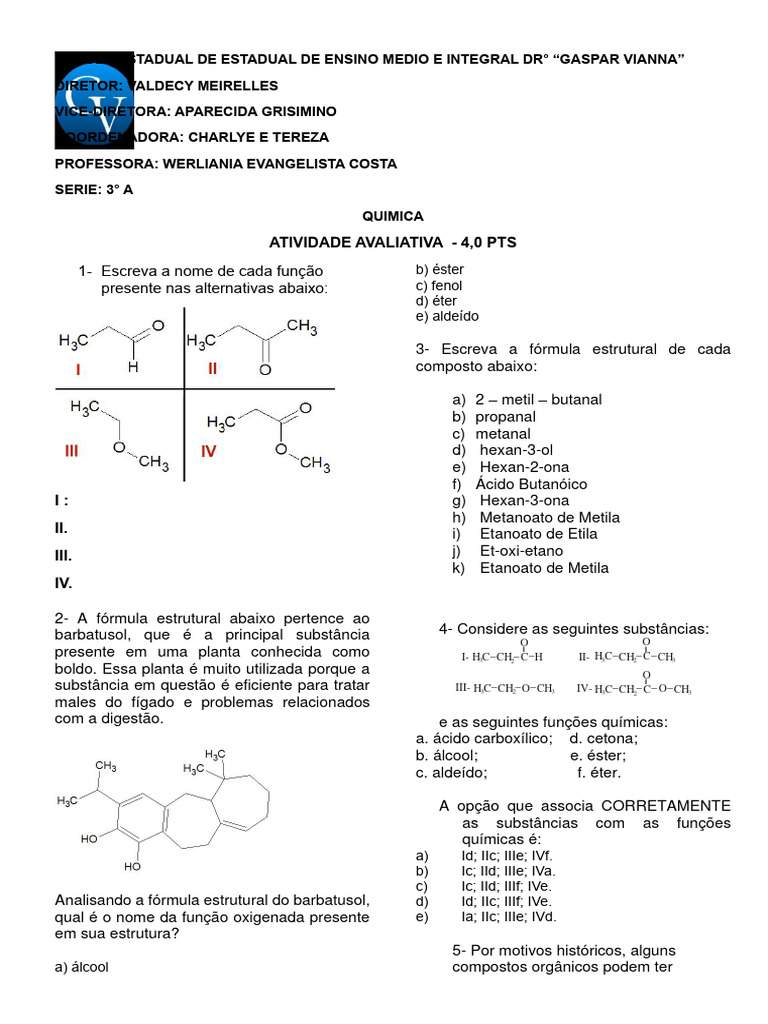 Atividade Avaliativa de Química 3° A | PDF | Éster | Aldeído