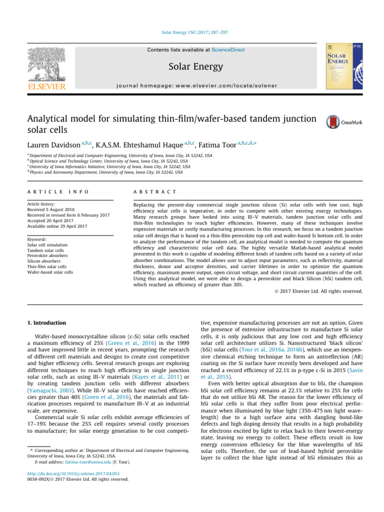 Analytical Model For Simulating Thin-Film Wafer-Based Tandem Junction Solar Cells | PDF | Solar ...