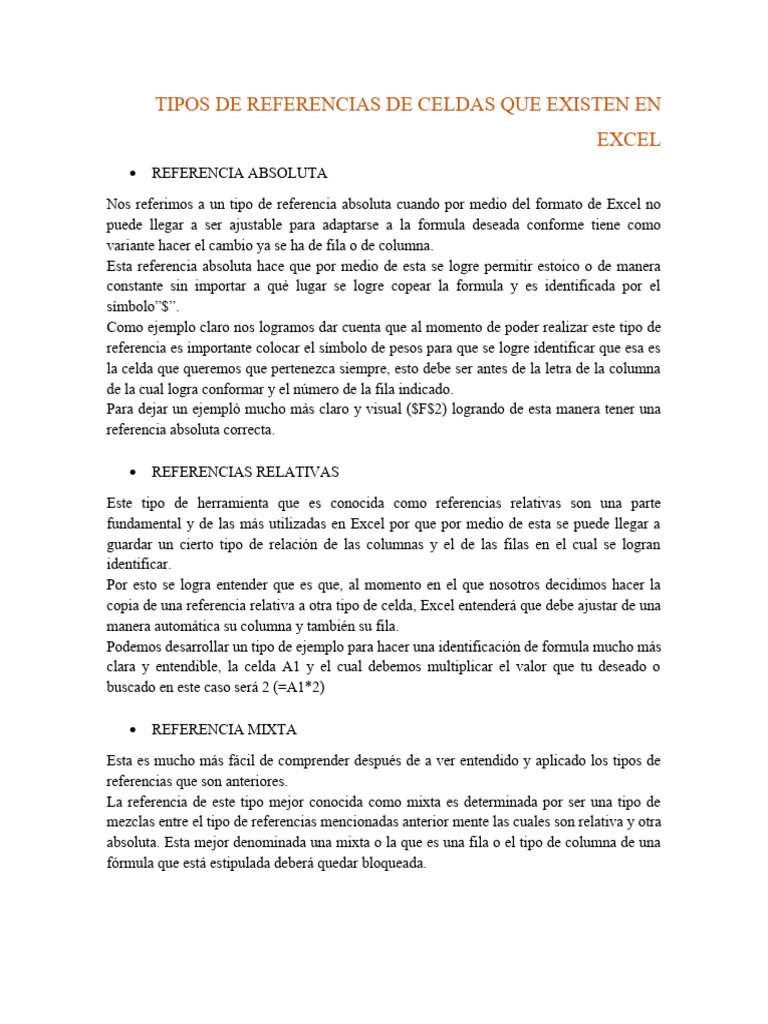 Tipos de Referencias de Celdas Que Existen en Excel | PDF | Microsoft Excel Tipos de Referencias de Celdas Que Existen en Excel | PDF | Microsoft Excel