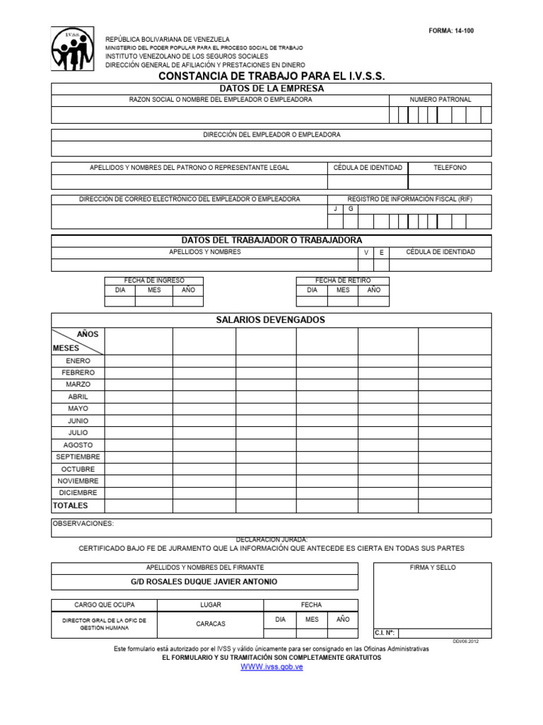 Forma 14 100 Constancia de Trabajo para El I.V.S.S. | PDF
