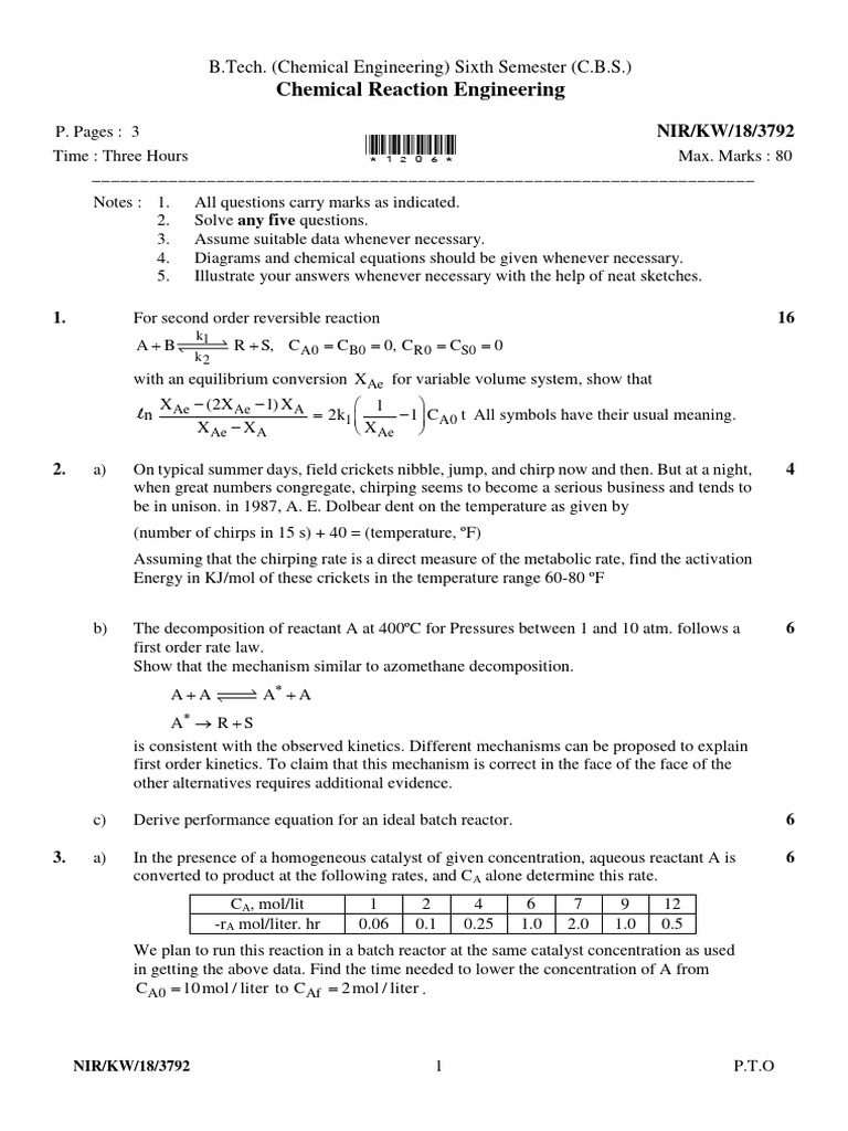 CH 6 Sem Chemical Reaction Engineering Winter 2018 | PDF