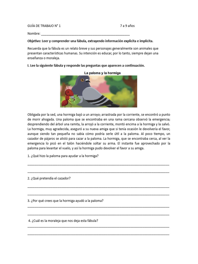 Guia N °1 de Comprension Lectora. | PDF | Fábula | Adjetivo