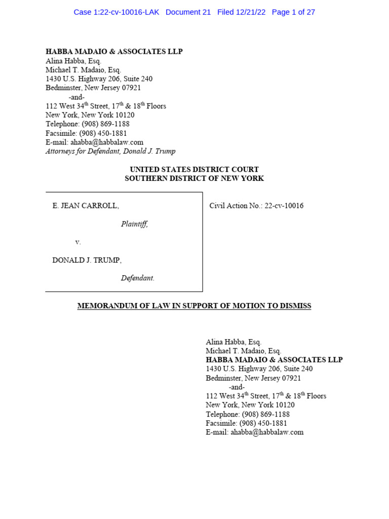 Carroll V Trump Rape DOC 021 Memorandum of Law in Support of Motion To Dismiss | PDF | Public ...