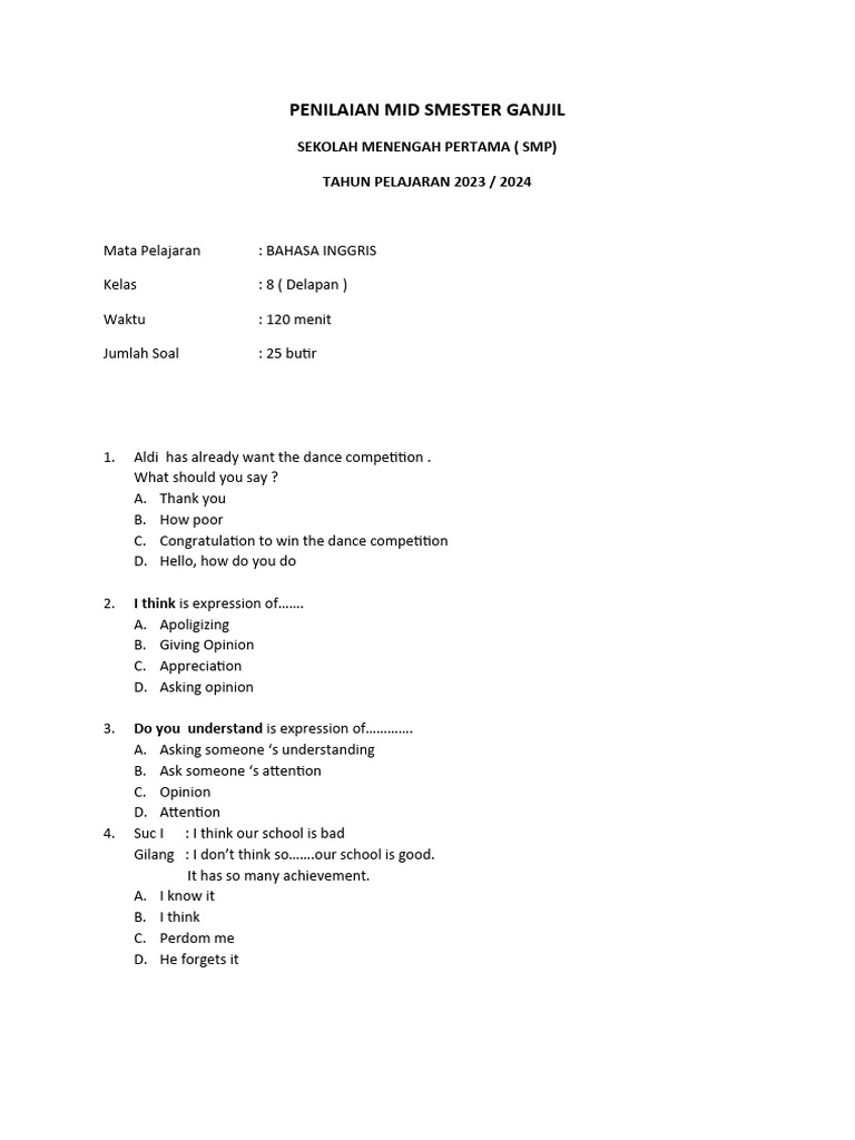 Soal Mid 2023 Terbaru Kelas 8 | PDF