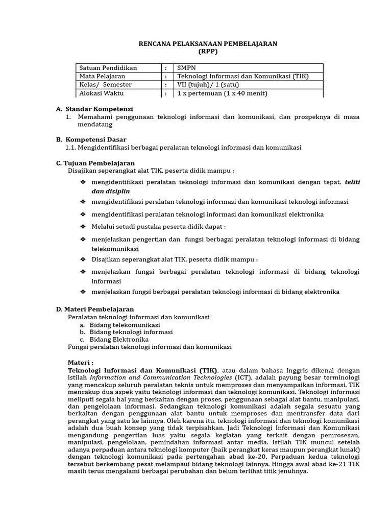 RPP Tik Kelas 7 | PDF