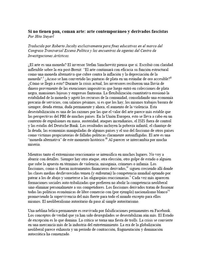 STEYERL, Hito. Si No Tienen Pan Coman Arte FINAL | PDF | Fascismo | Criptomoneda