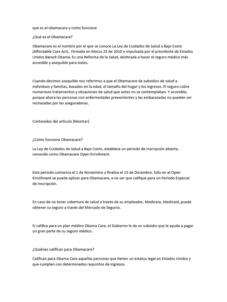 Qué es y cómo funciona Obamacare | PDF | Medicare (Estados Unidos ...