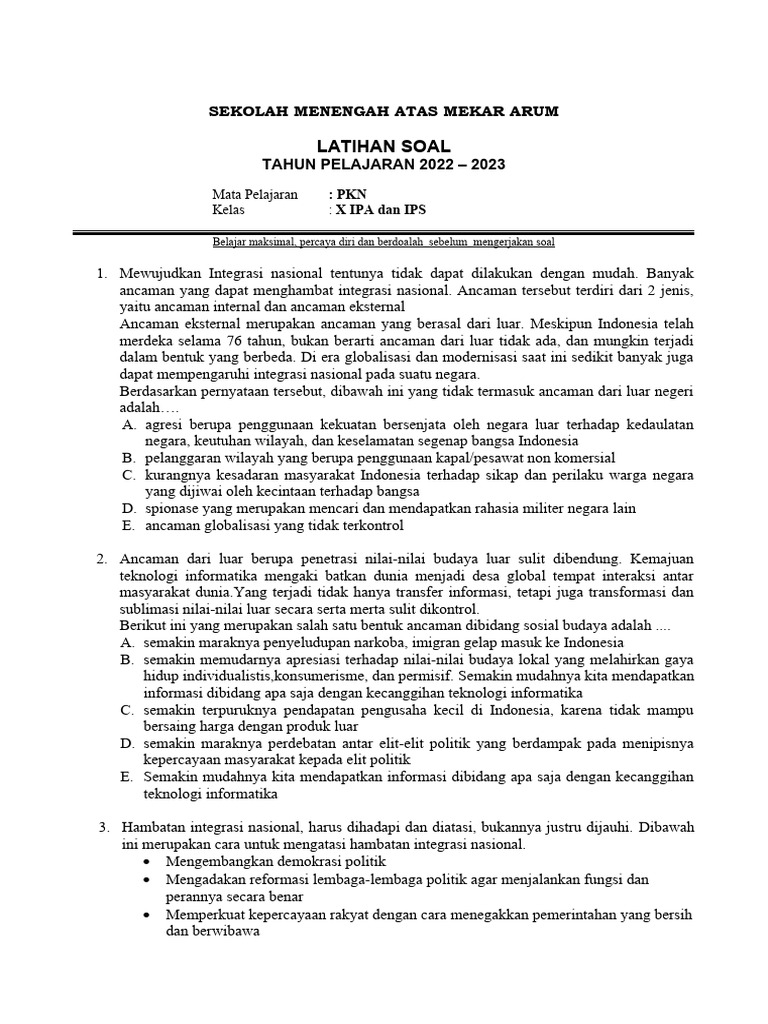 Latihan Soal PKN Kelas X SMA | PDF