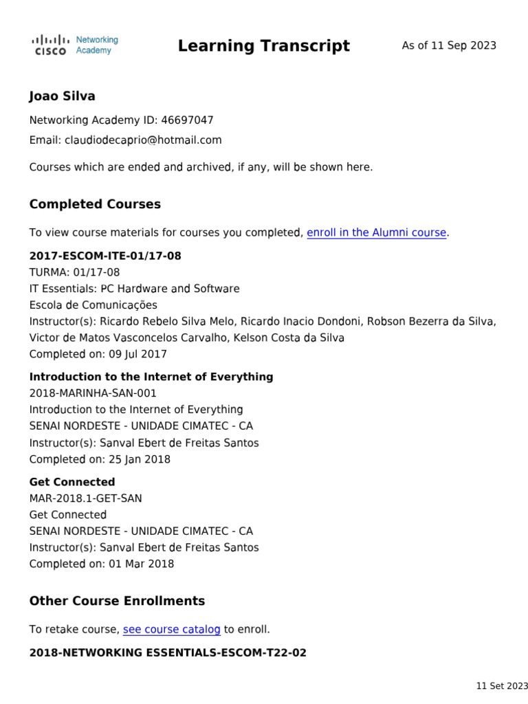 NetAcad Learning Transcript | PDF