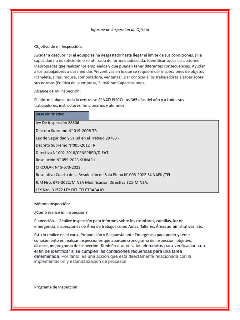 Informe de Inspección de Oficina (1) | PDF | Equipo de oficina | Lugar de trabajo