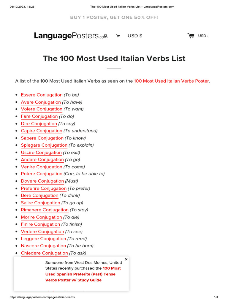 The 100 Most Used Italian Verbs List | PDF | Grammatical Conjugation ...