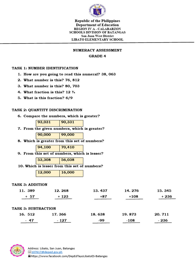 G4 Numeracy Assessment | PDF | Cognition | Mathematics