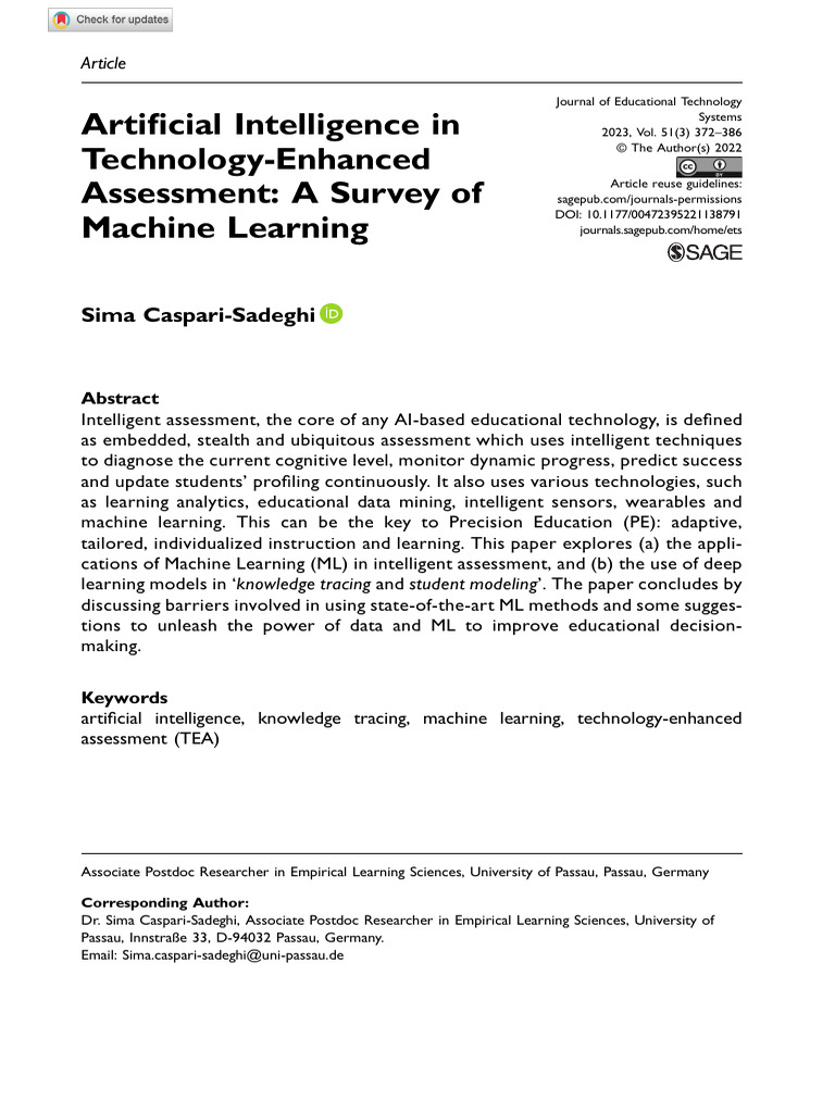 Caspari Sadeghi 2022 Artificial Intelligence in Technology Enhanced Assessment A Survey of ...