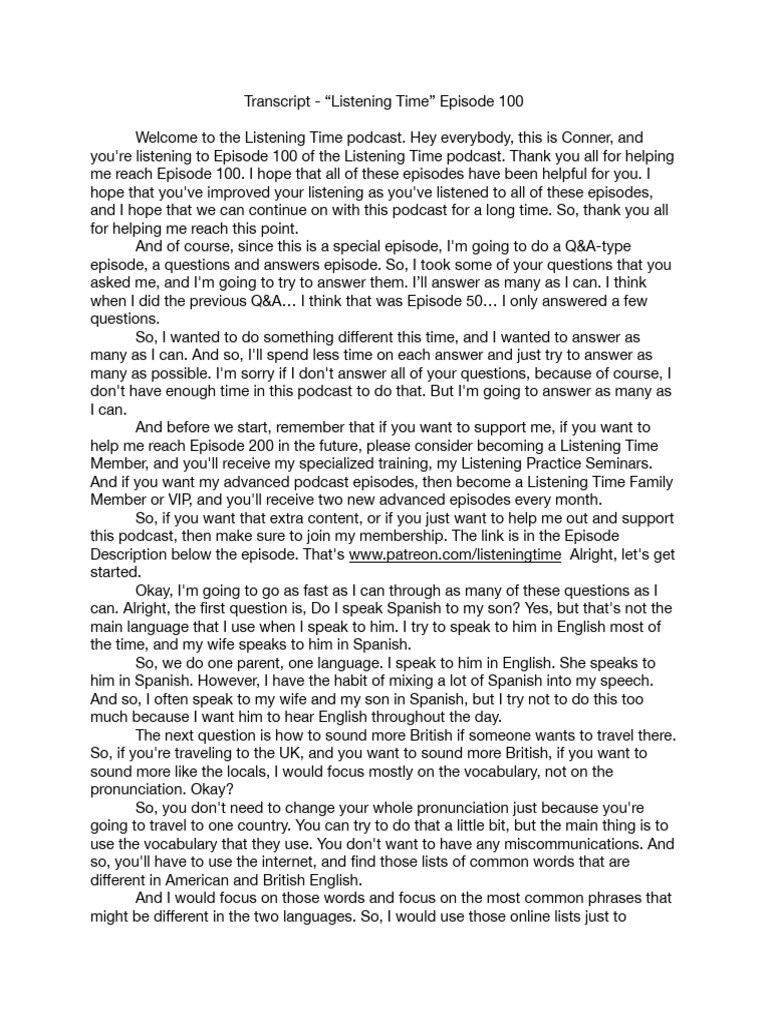 Episode 100 Transcript - Listening Time | PDF | English Language ...