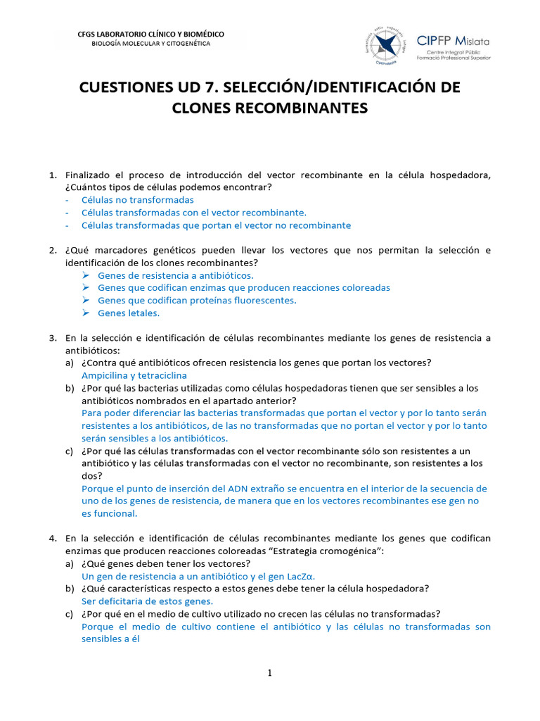 CUESTIONES UT 7. Seleccion Identificacion Clones Recombinantes ...