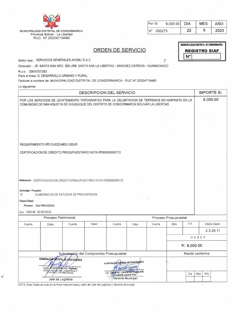 Orden de Servicio - Topografia | PDF