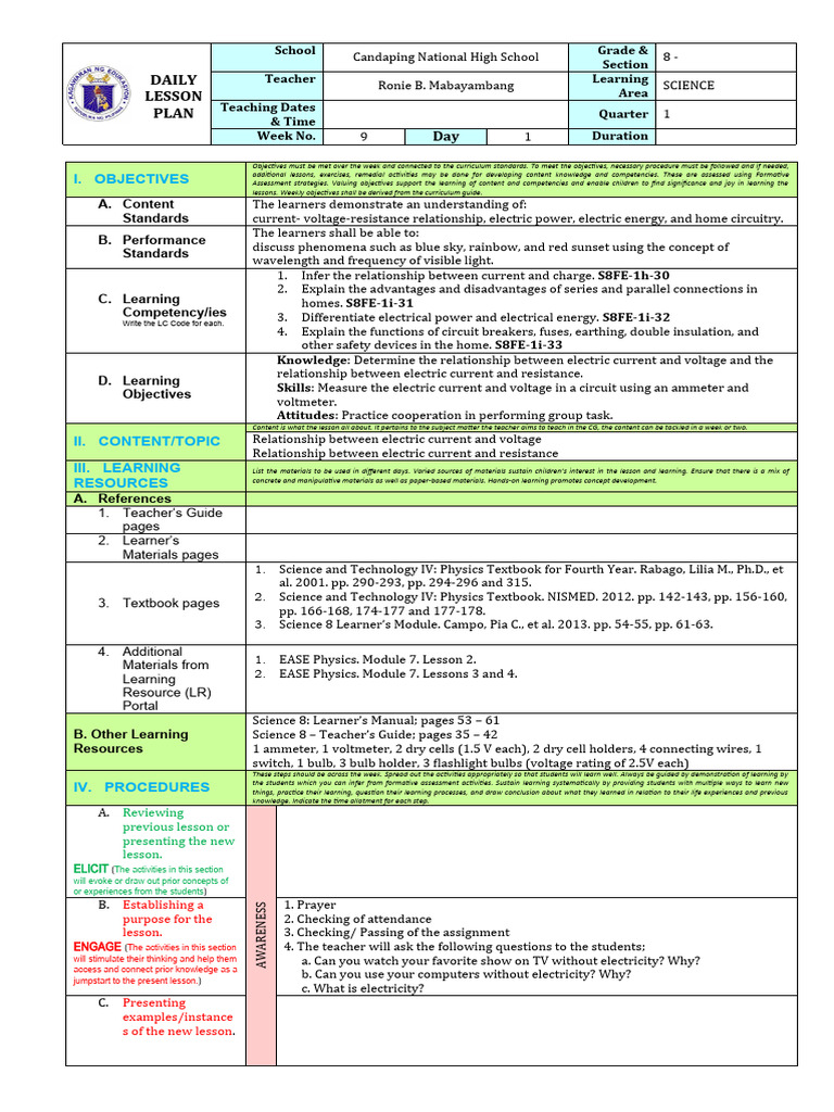 Science 8 DLP Q1W9D1 | PDF | Voltage | Electric Current