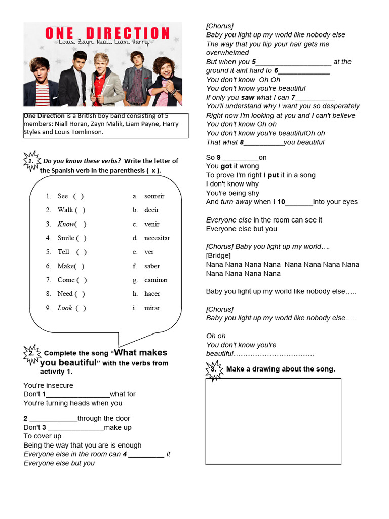 One Direction What Makes You Beautiful Activities With Music Songs ...