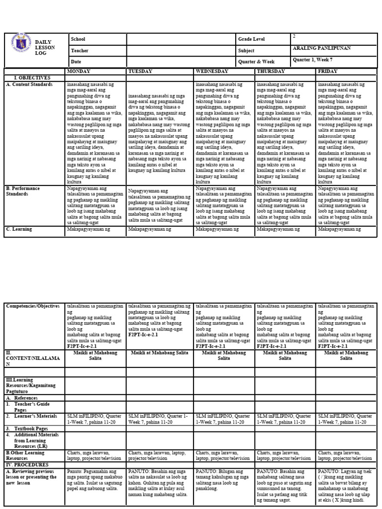 Grade 2 DLL Week 7 Filipino | PDF