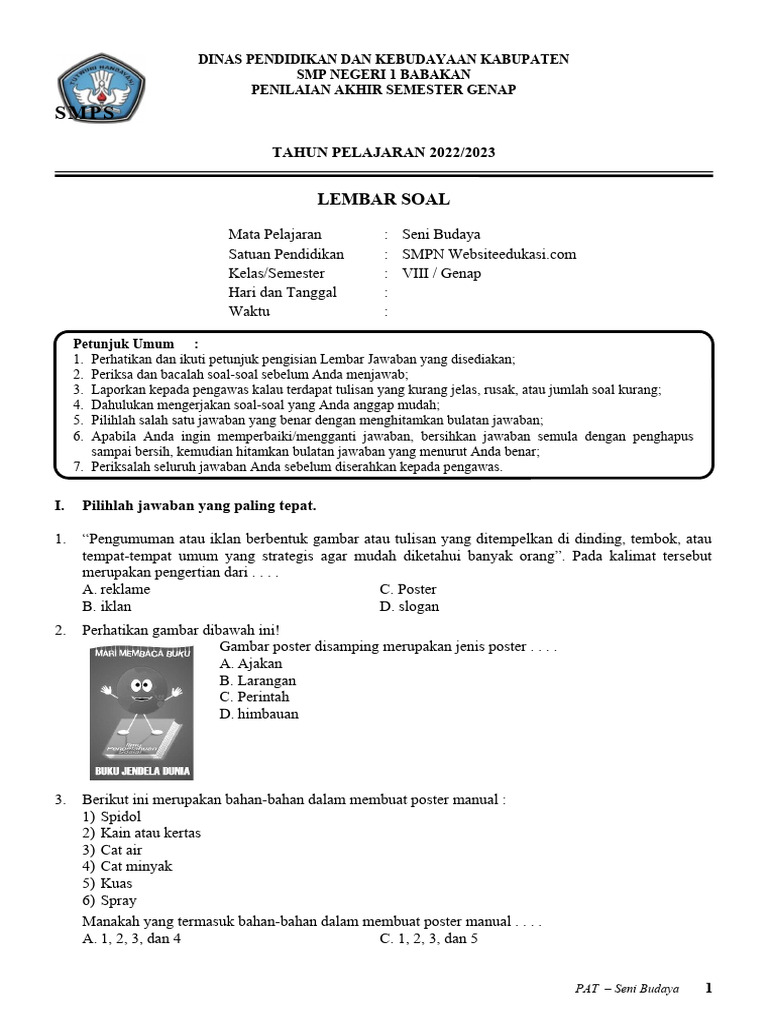 Soal PAT Kelas VIII - Seni Budaya | PDF