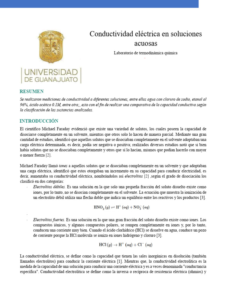 Practica 3 - Conductividad Electrica en Soluciones Acuosas | PDF | Electrólito | Sal (química)