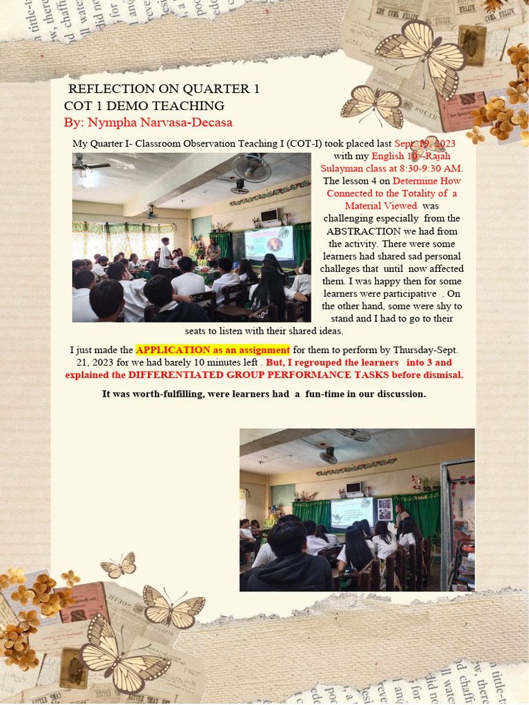 Reflection On Quarter 1 Cot 1 2023 | PDF