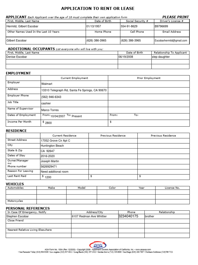 Application To Rent or Lease: Applicant | PDF | Lease | Eviction