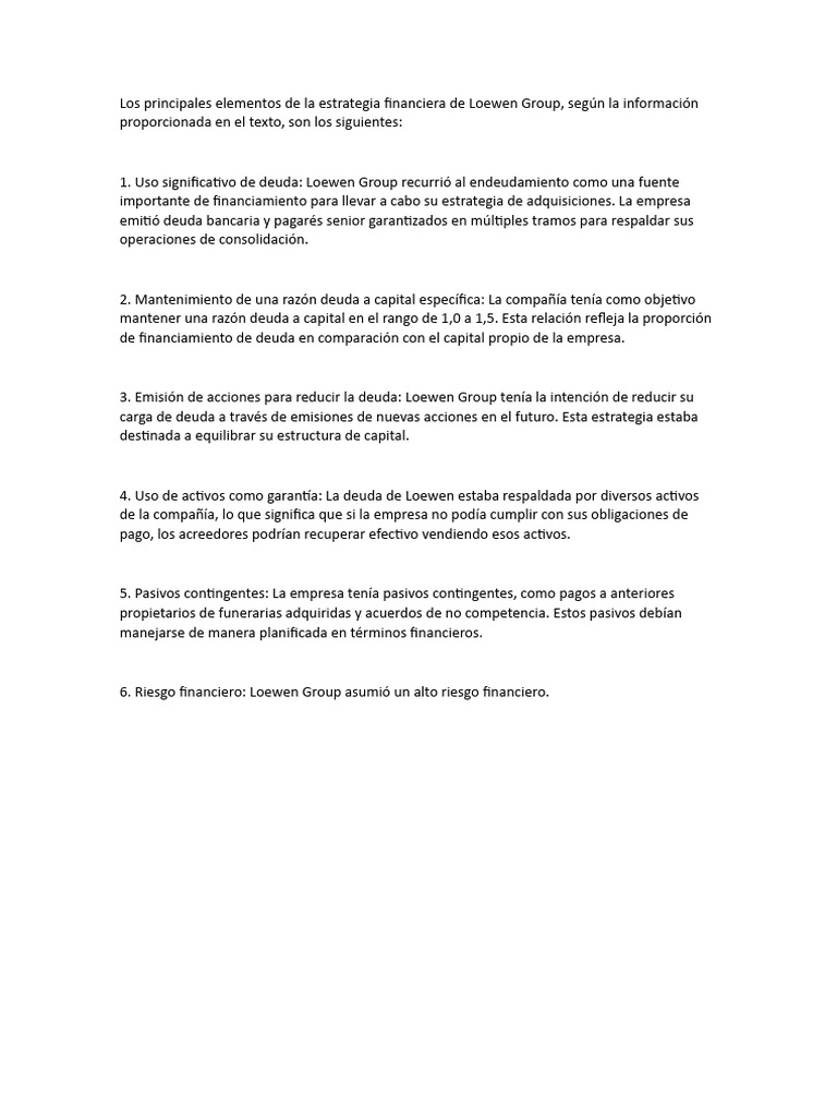 Los Principales Elementos de La Estrategia Financiera de Loewen Group | PDF