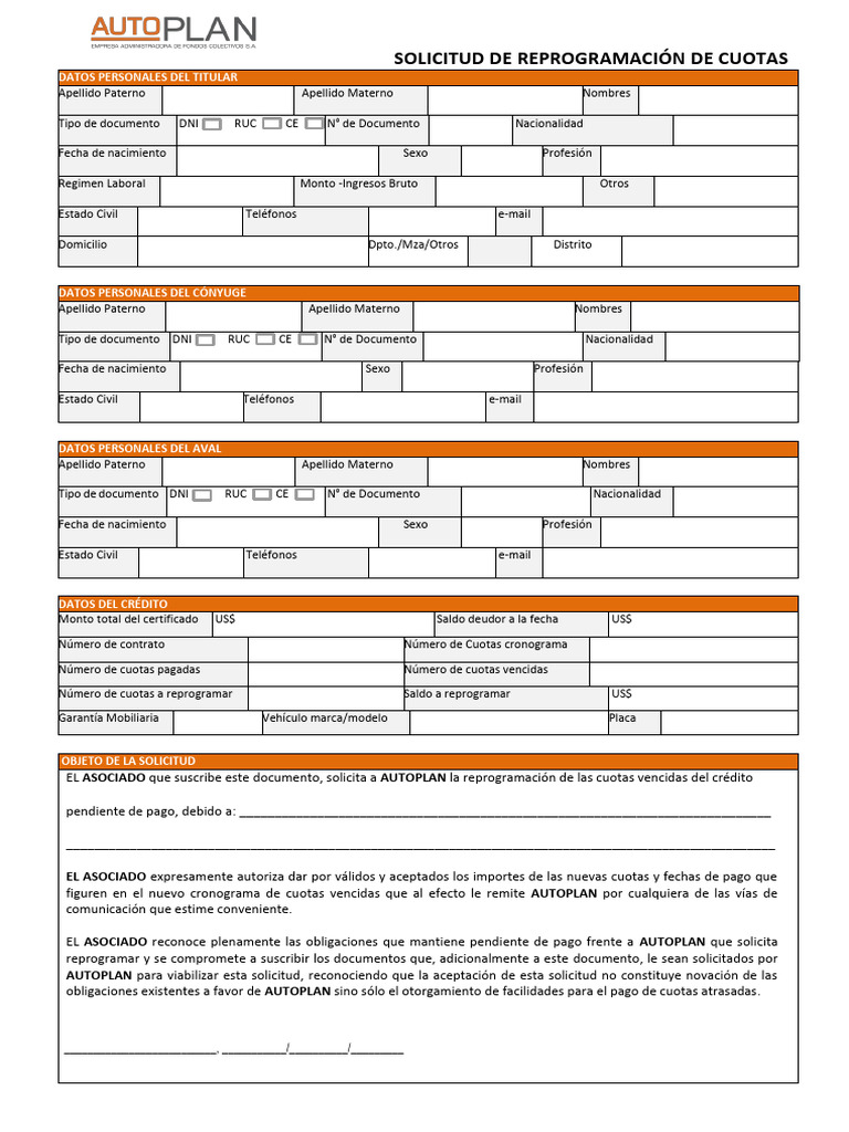Formato - Solicitud de Reprogramacion Cuotas | PDF
