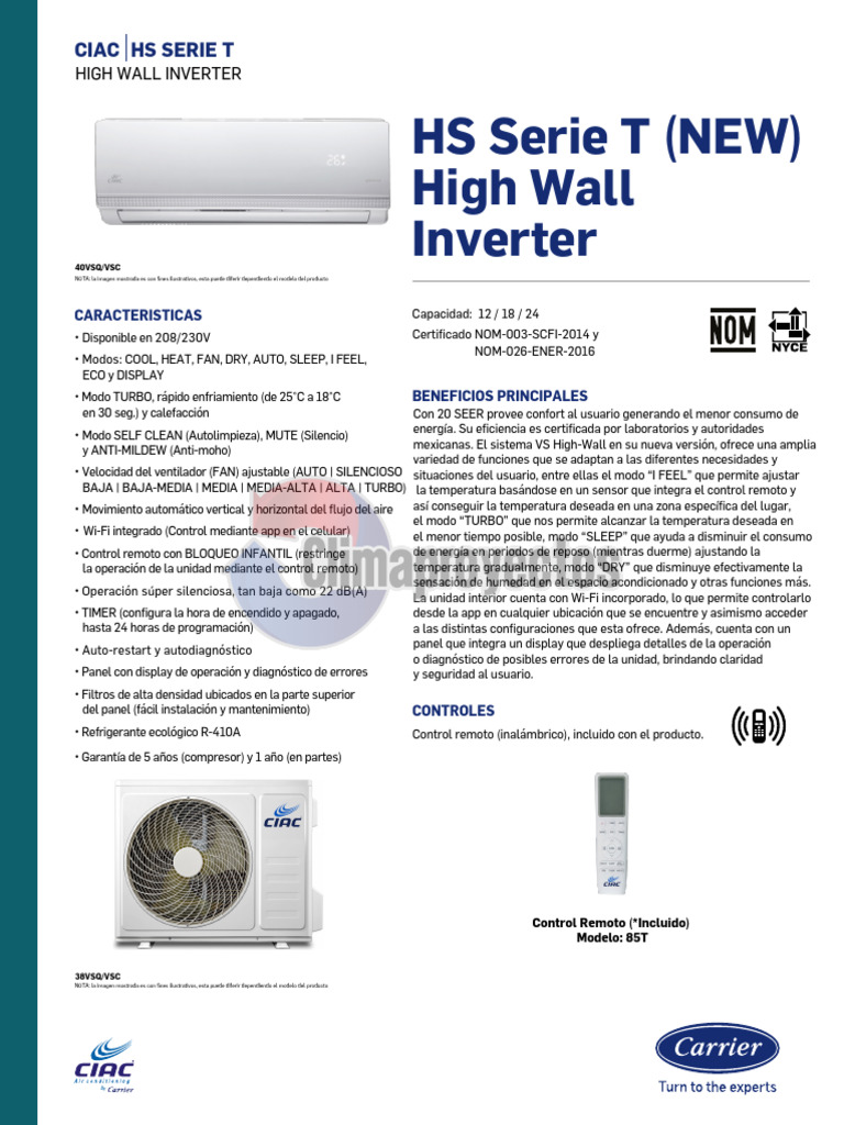 ficha_tecnica_minisplit_hs_serie_t_inverter_CIAC_carrier_HVAC | PDF ...