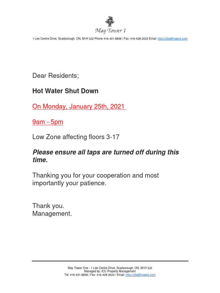 Hot Water Shut Down. | PDF