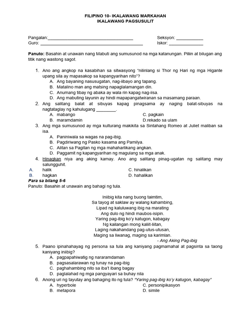 Filipino 10-5th Summative Test | PDF