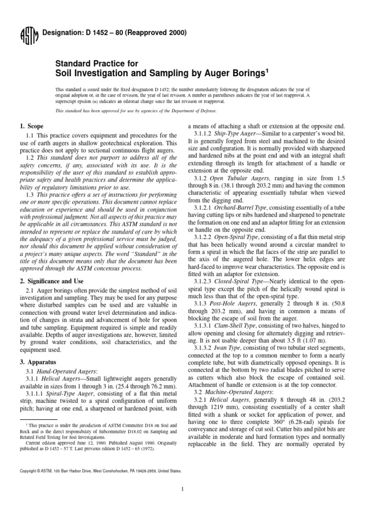 ASTM D1452 - 80 - Standard Practice For Soil Investigation and Sampling by Auger Borings | PDF