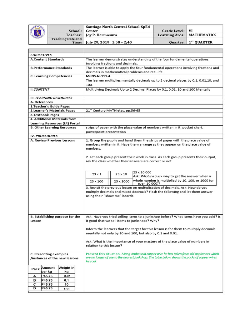 LESSON-PLAN MATHEMATICS-6 Q1 W9-Demo | PDF | Multiplication | Learning